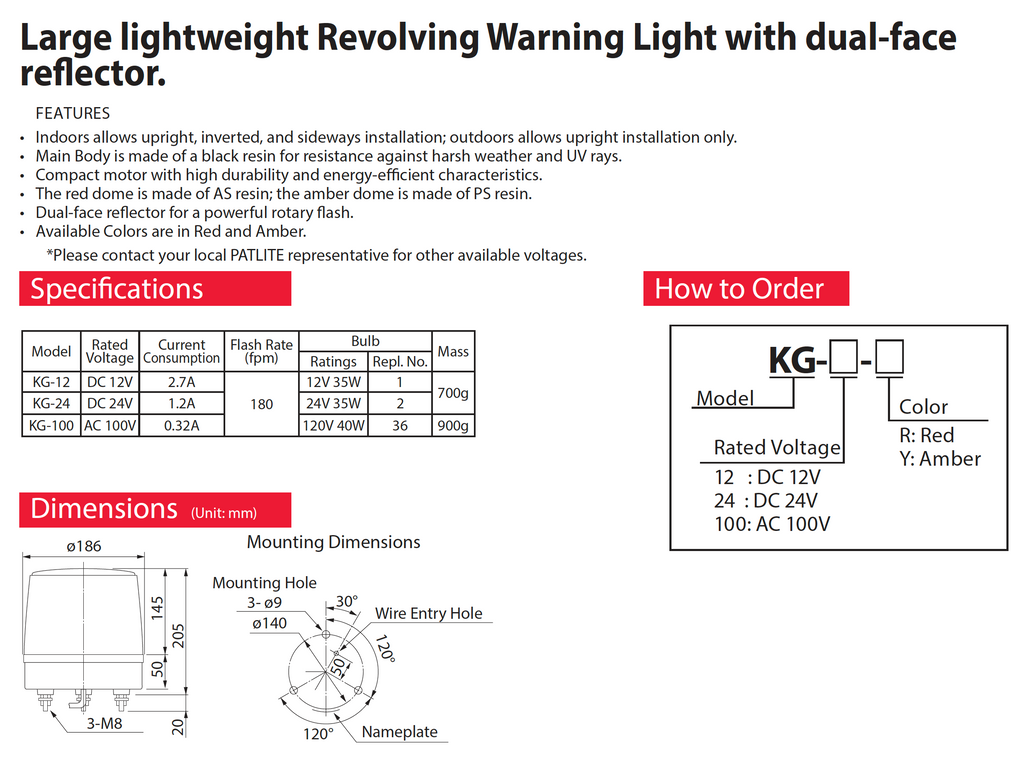 48V AC KG Rotating Warning Lights Beacon Flashing #KG-48AC-Y Patlite