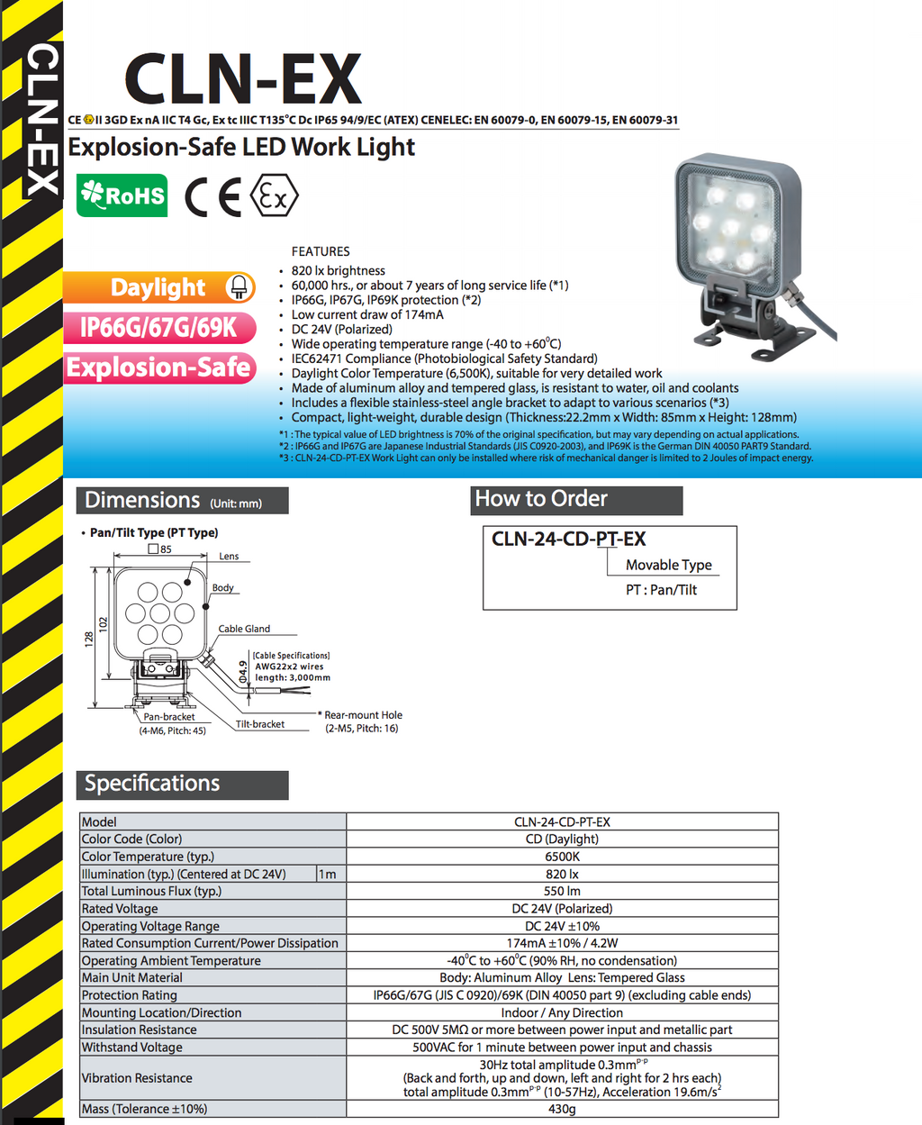 Patlite CLN-EX Explosion Proof LED Light EX ATEX IP Rated Work Light