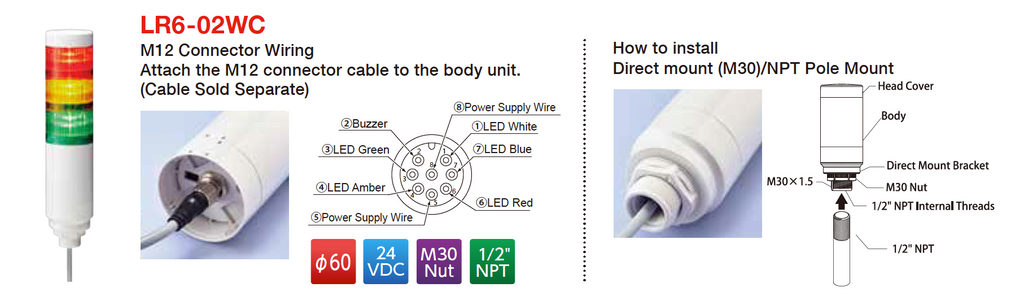 Patlite LR6-302WCBW-RYG LED Signal Tower Light M12 Plug NPT Bracket