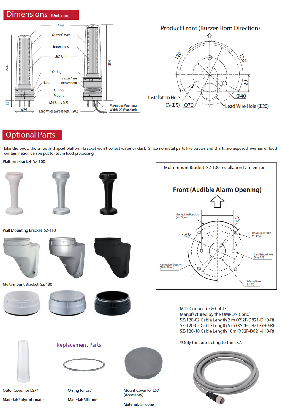 IP65 LS7 RYG LED SIGNAL TOWER LIGHT I PATLITE LS7-302DFBWC-RYGNN M12 C